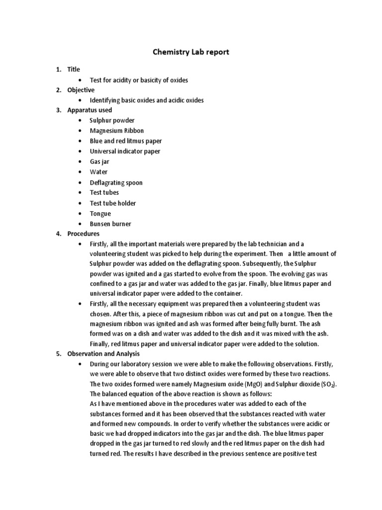 Chemistry Lab Report: 1. Title 2. Objective 3. Apparatus Used | PDF ...