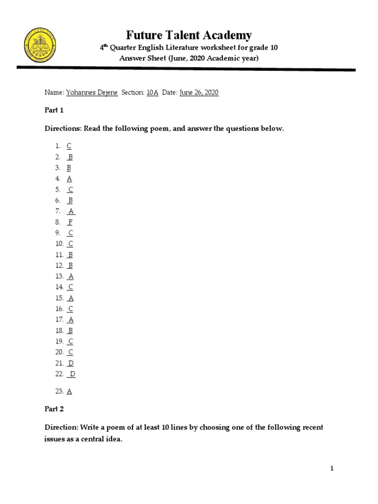 Grade 10 English Literature Worksheet | PDF