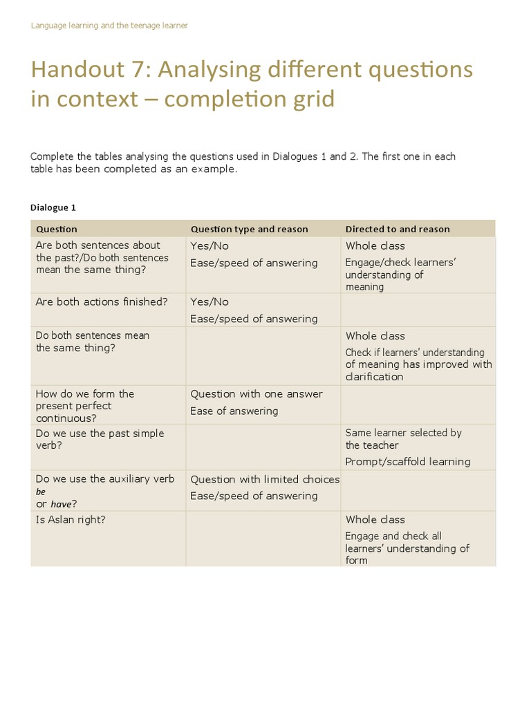Handout 7: Analysing Different Questions in Context - Completion Grid ...