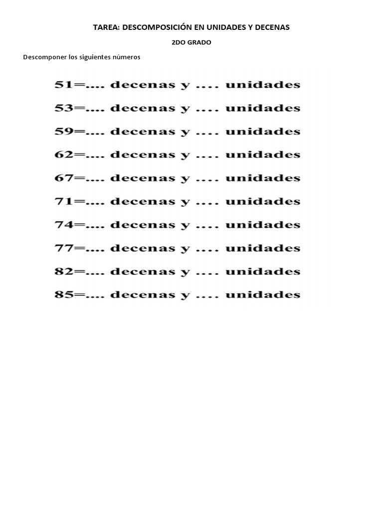 Tarea Descomposición en Unidades y Decenas | PDF