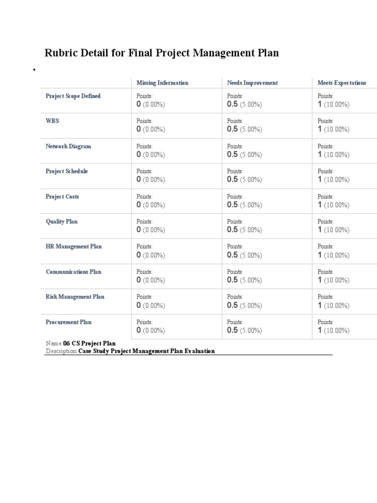 Rubric For Final Project Management Plan | PDF