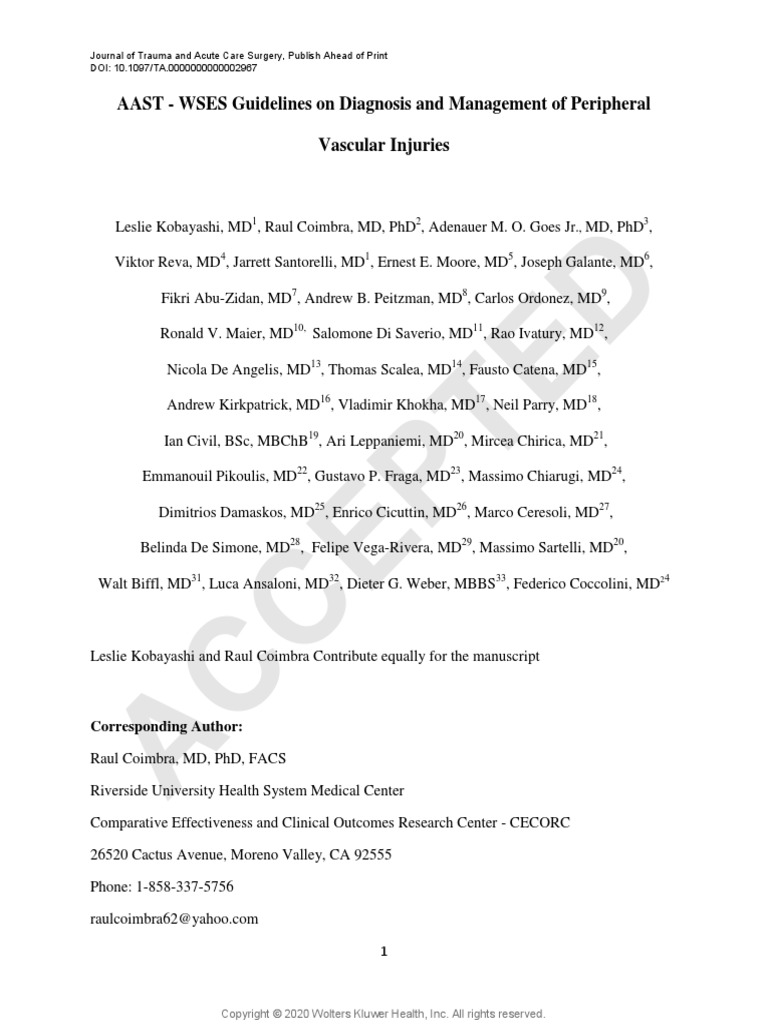 AAST - WSES Guidelines On Diagnosis and Management of Peripheral ...