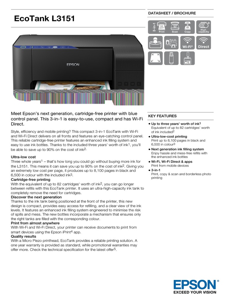 EcoTank L3151 Datasheet PDF | PDF | Printer (Computing) | Image Scanner