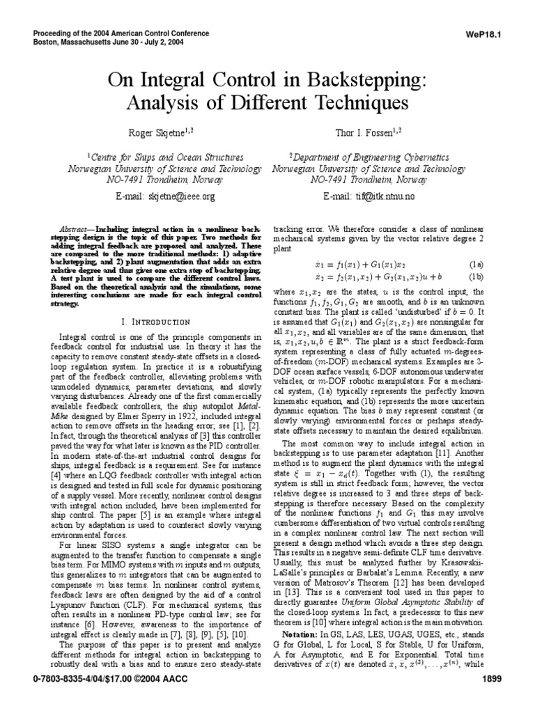 On Integral Control in Backstepping: Analysis of Different Techniques ...