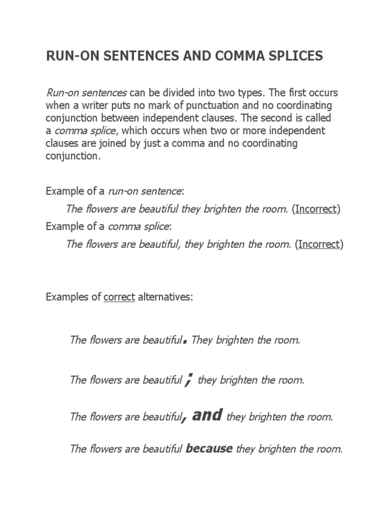 cOMMA SPLICE AND RUN ON SENTENCE | PDF