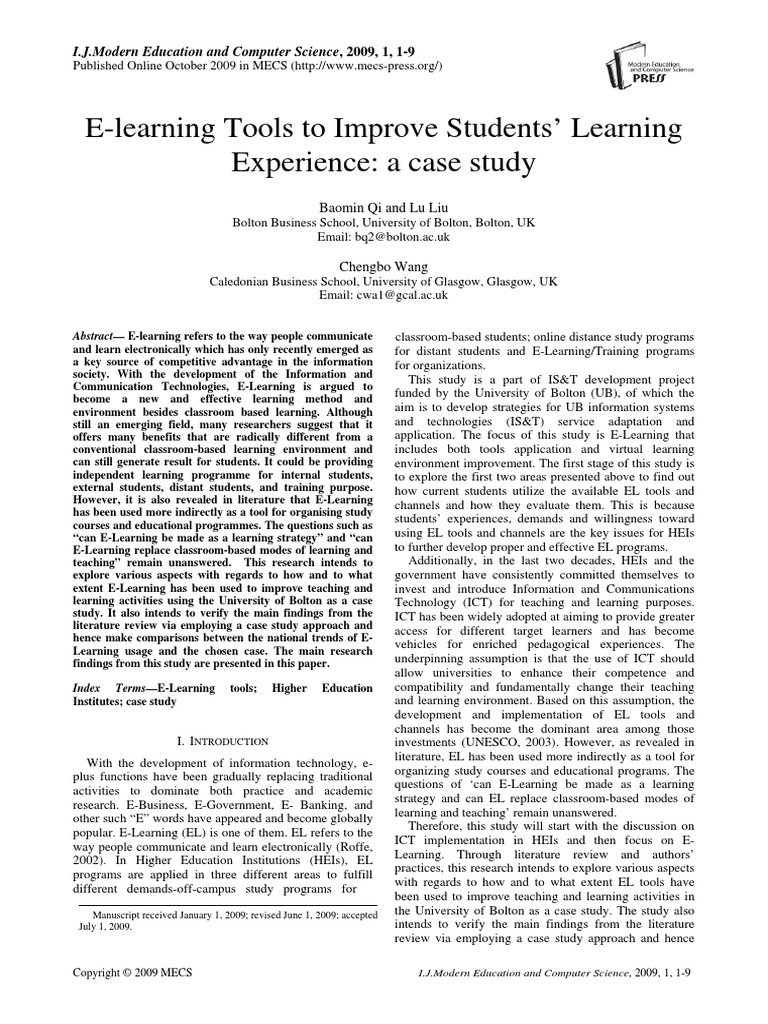 E Learning Tools To Improve Students Learning Experience A Case Study ...
