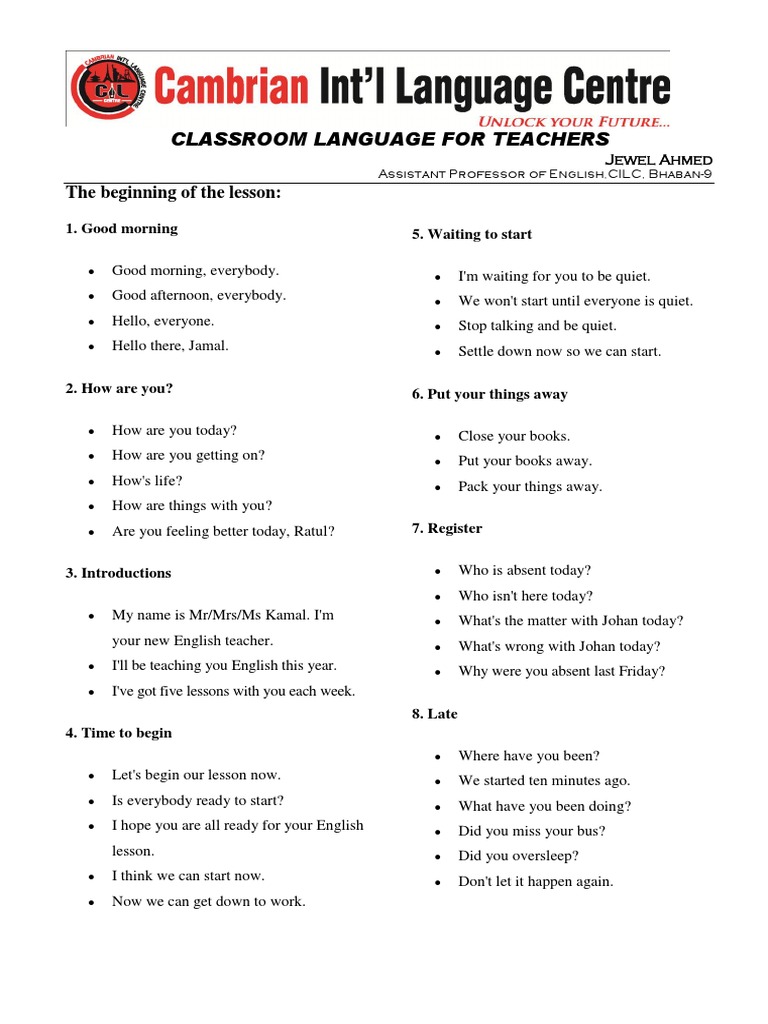 Classroom Language For Teachers | PDF | Question | Classroom