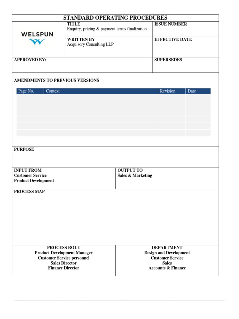 Standard Operating Procedures: Enquiry, Pricing & Payment Terms ...