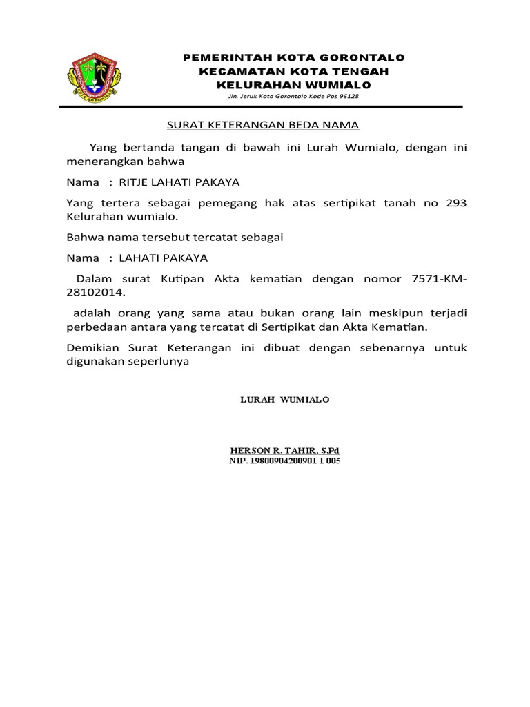 Surat Ket Beda Nama | PDF