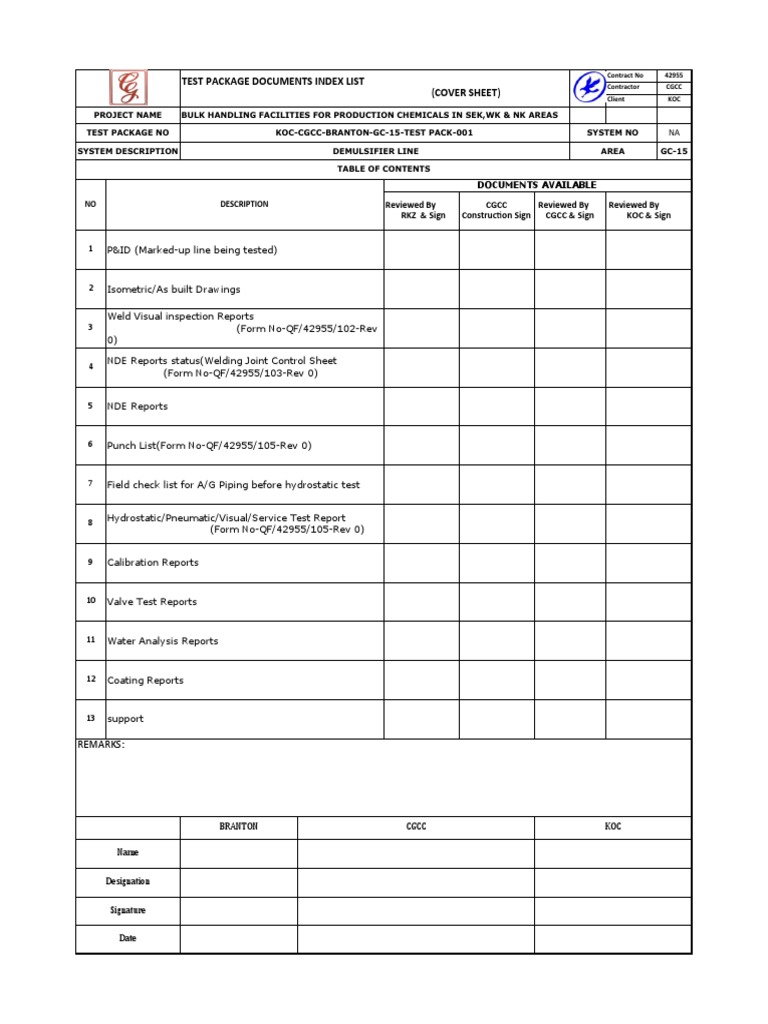 0.hydro Test Package Index - 1 | PDF | Hydraulics | Building Engineering