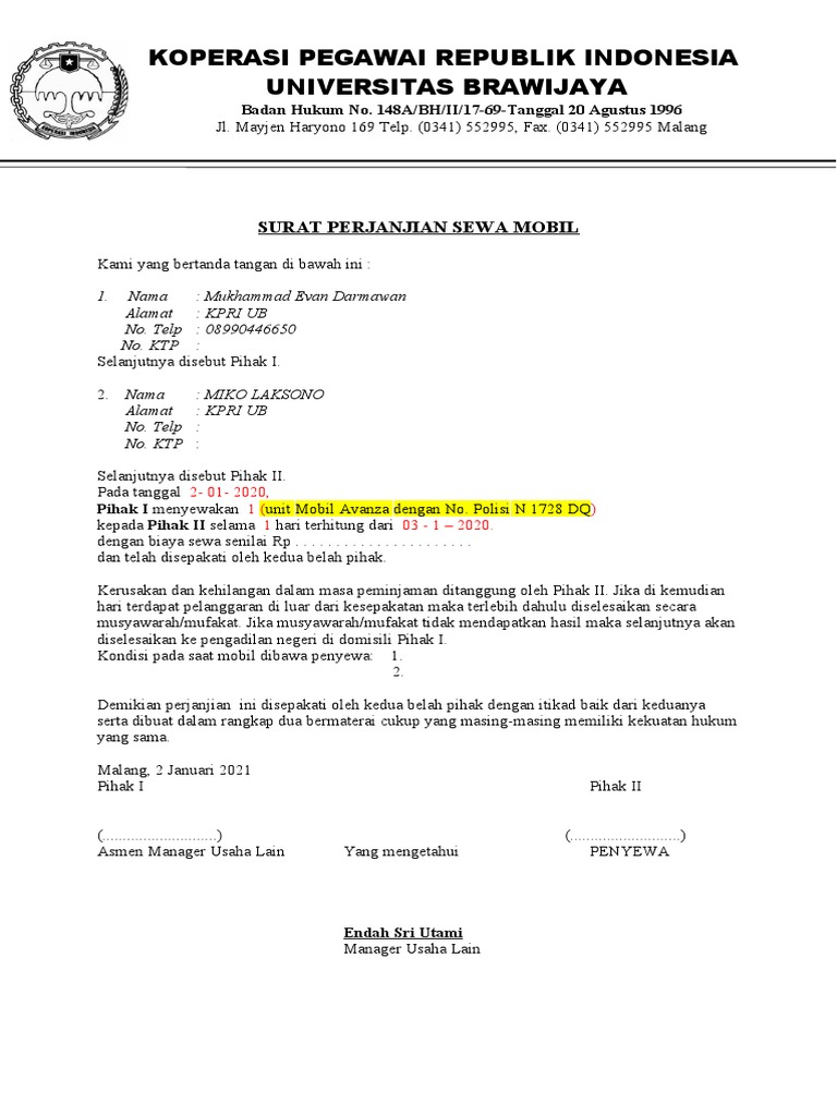Form Sewa Mobil Avanza Lama | PDF | Pengelolaan Keuangan & Uang | Politik