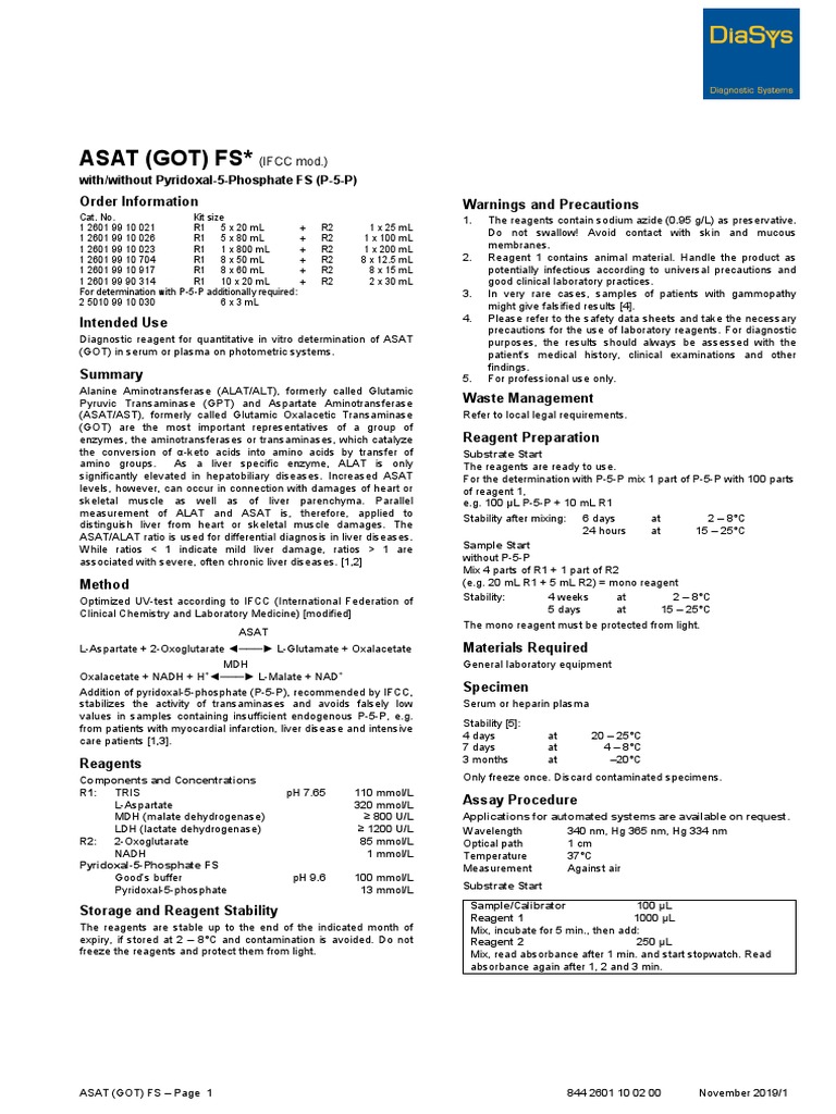 Asat (Got) Fs : Order Information Warnings and Precautions | PDF | Alanine Transaminase ...