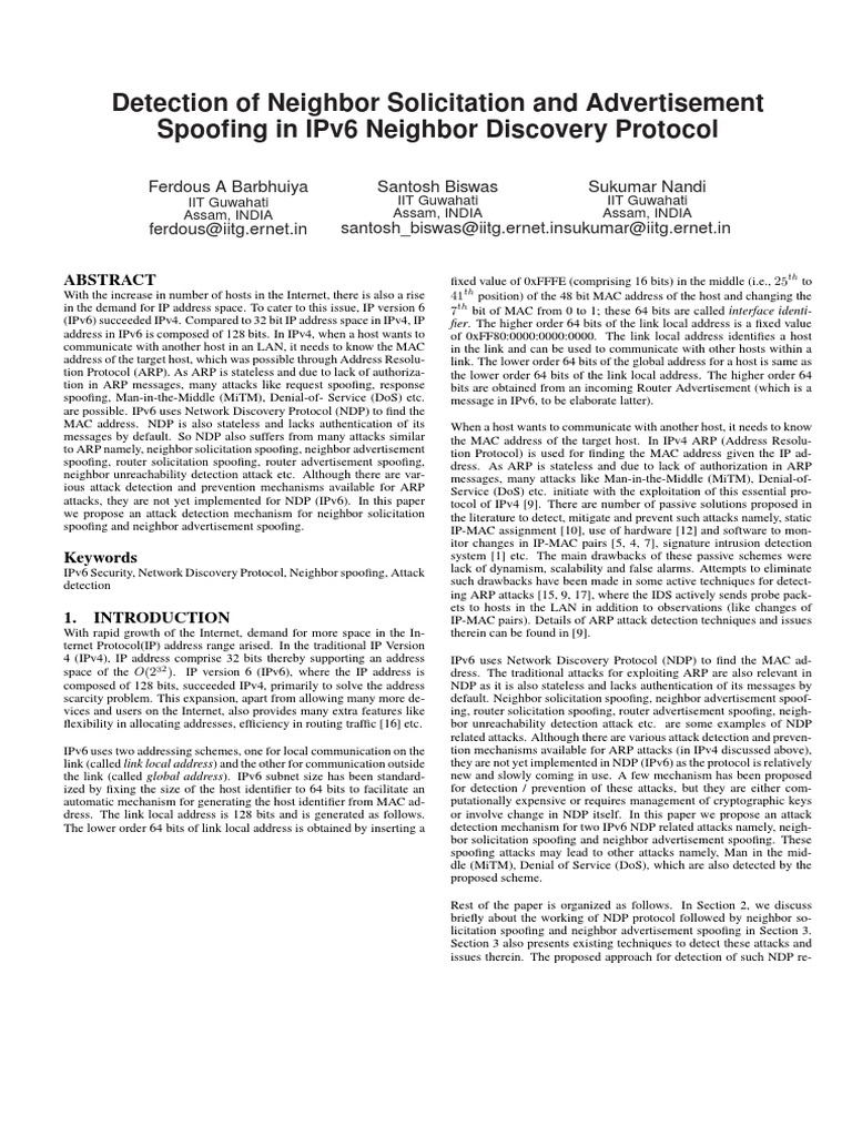 Detection of Neighbor Solicitation and Advertisement Spoofing in Ipv6 ...