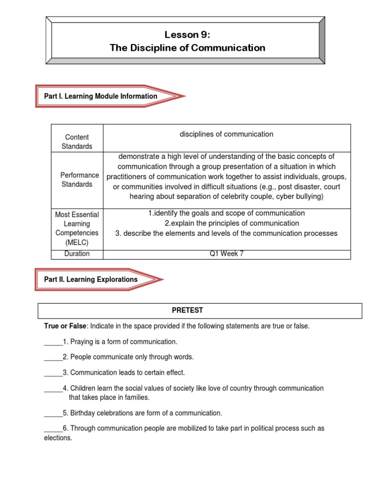 Lesson 9: The Discipline of Communication: Part I. Learning Module ...