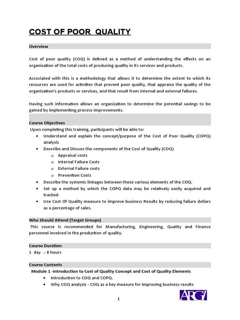 Cost of Poor Quality | PDF | Real Estate Appraisal | Cost