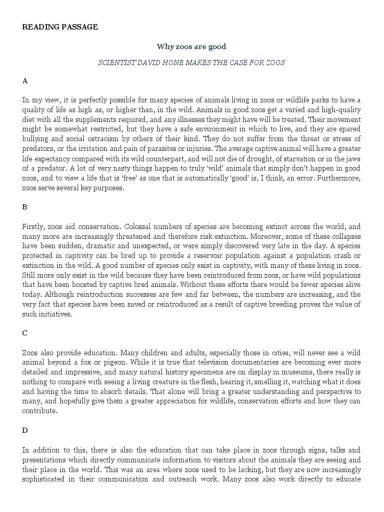 Scientist David Hone Makes The Case For Zoos: Reading Passage | PDF ...
