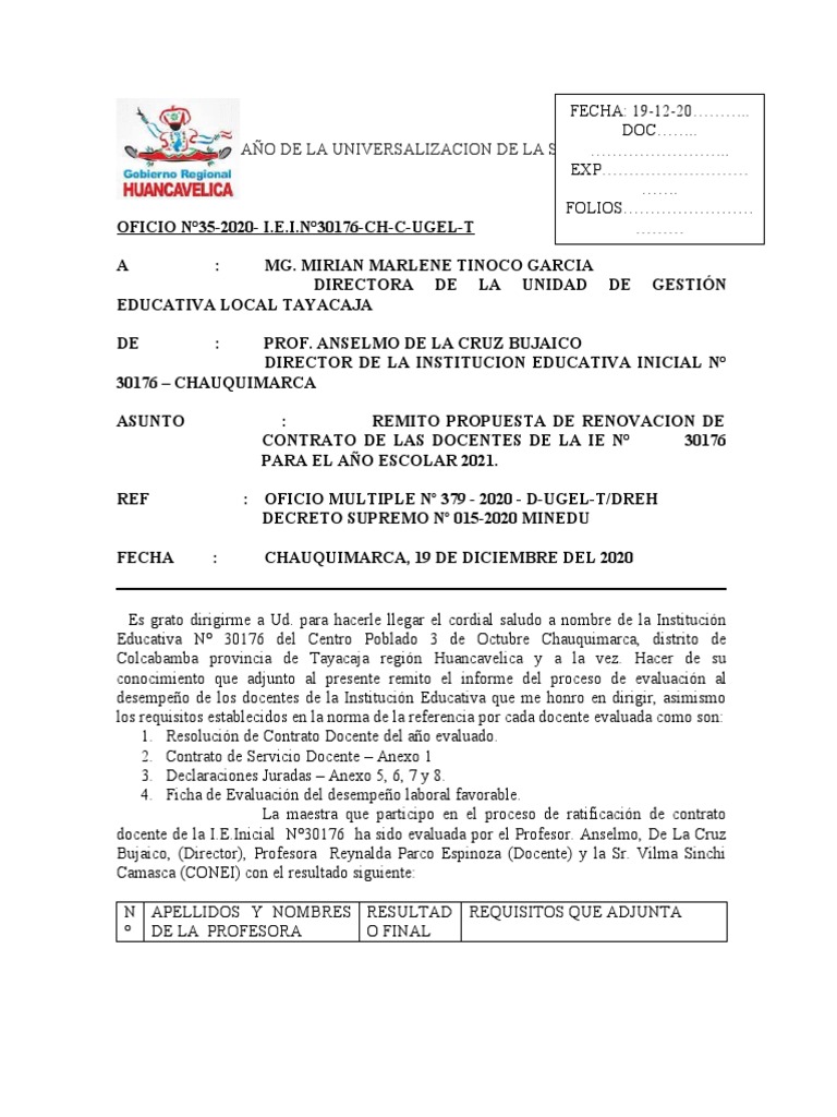 Remito Propuesta de Renovacion de Contrato de La Docente Janeth Miranda ...