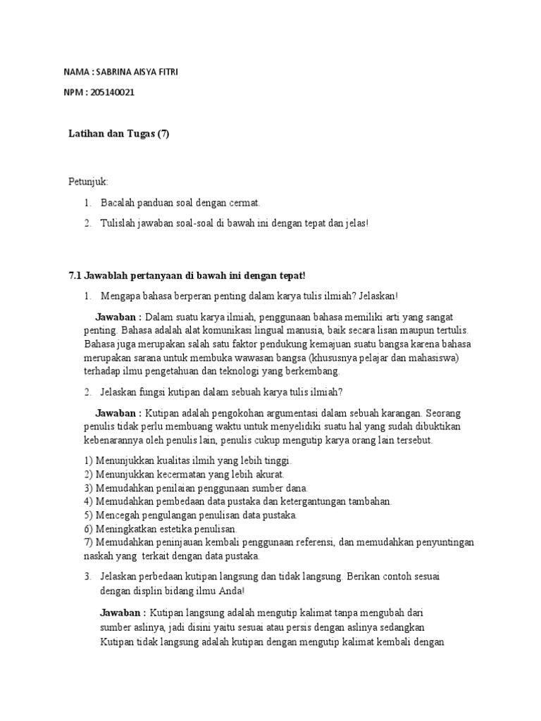 Tugas - Sabrina Aisya Fitri - 205140021 | PDF | Sains & Matematika