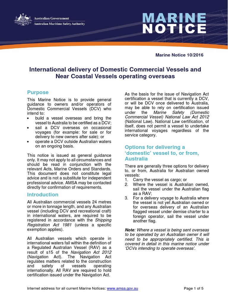 International Delivery of Domestic Commercial Vessels and Near Coastal ...