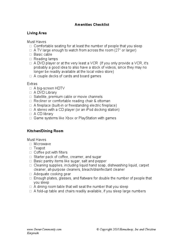 Amenities Checklist | PDF | Tableware | Dutch Oven