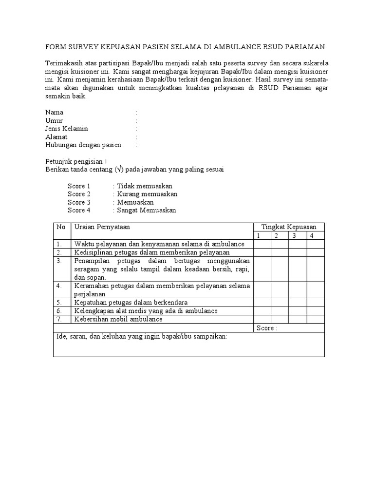 Form Survey Kepuasan Pasien Selama Di Ambulance Rsud Pariaman | PDF