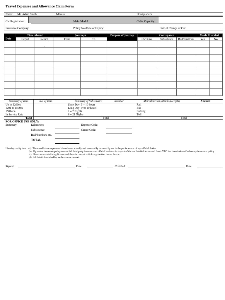 Travel Expenses and Allowance Claim Form | PDF | Service Industries ...