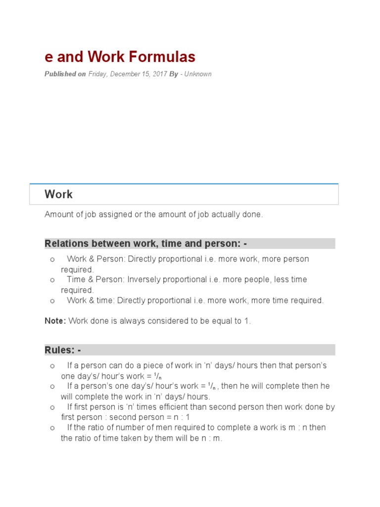 E and Work Formulas | PDF | Speed | Playing Cards