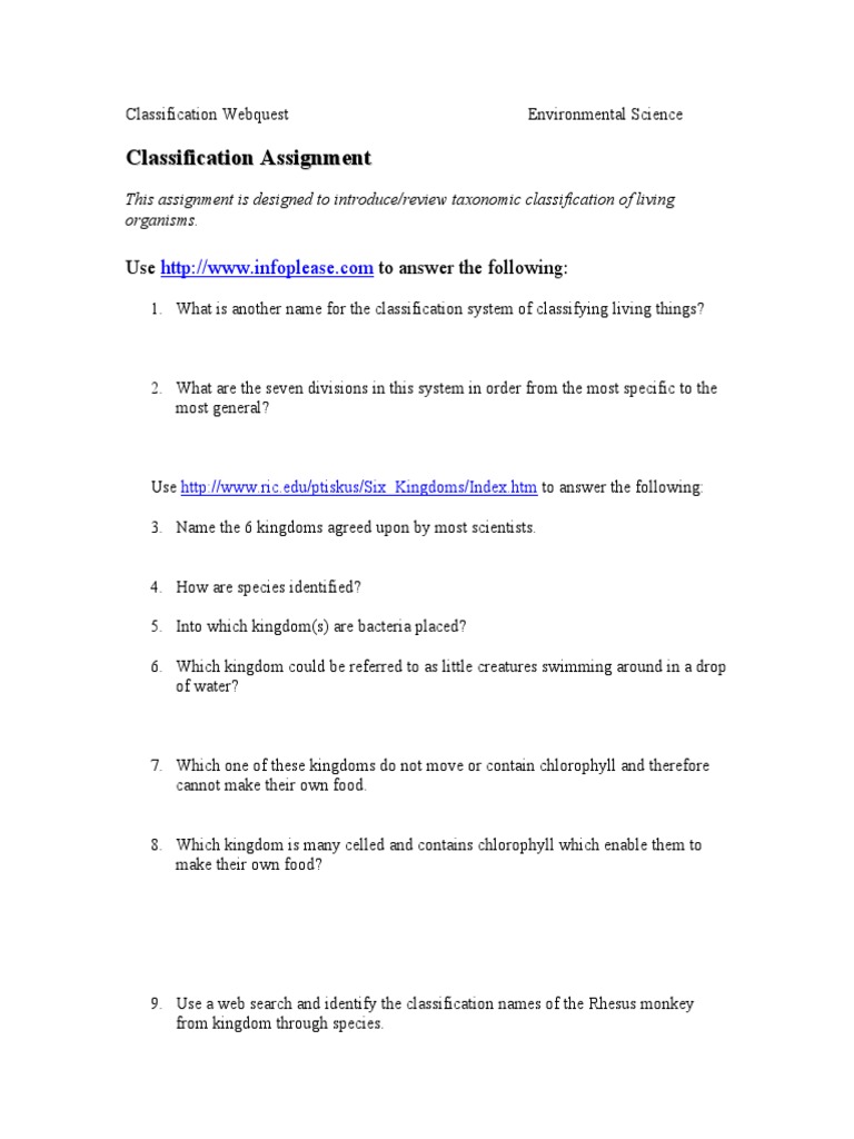 Classification Webquest | PDF | Taxa | Science