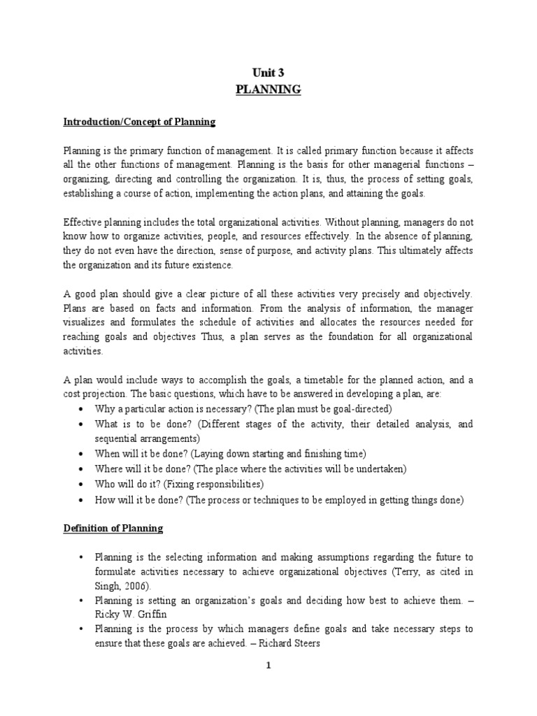 Unit 3 Planning: Introduction/Concept of Planning | PDF | Needs ...