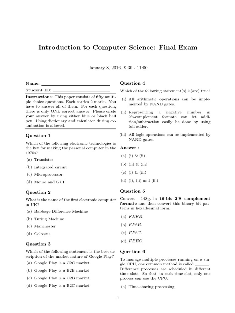 Introduction To Computer Science: Final Exam: January 8, 2016. 9:30 ...