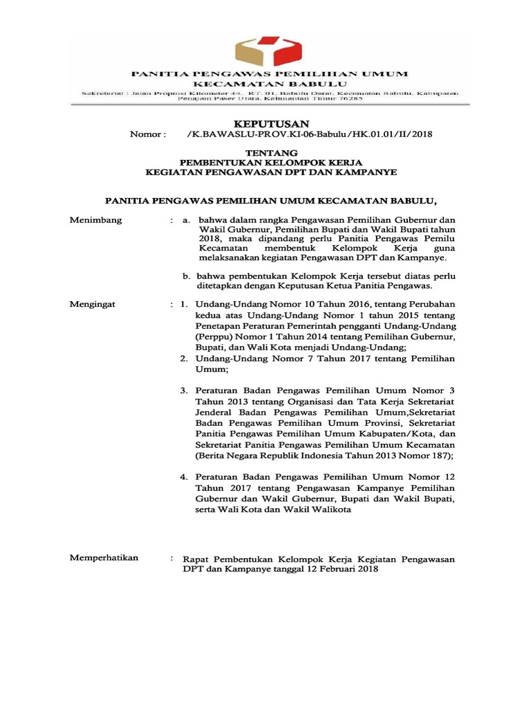 Contoh SK Pokja Pengawasan DPT PDF | PDF