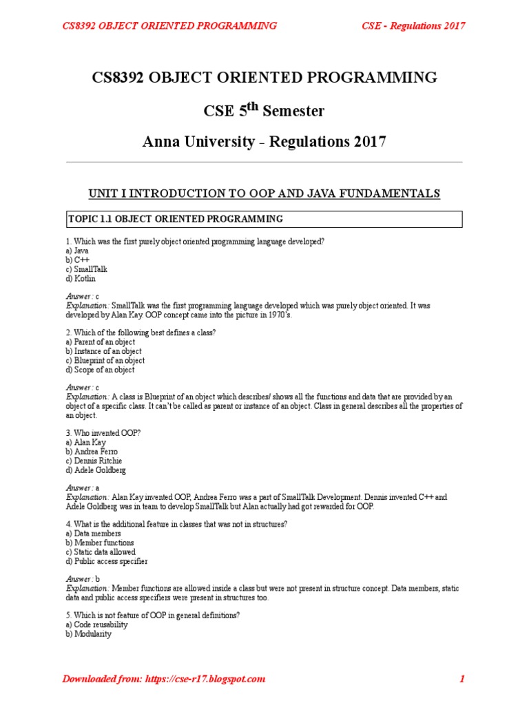 CS8392 Object Oriented Programming MCQ PDF | PDF | Class (Computer Programming) | Method ...