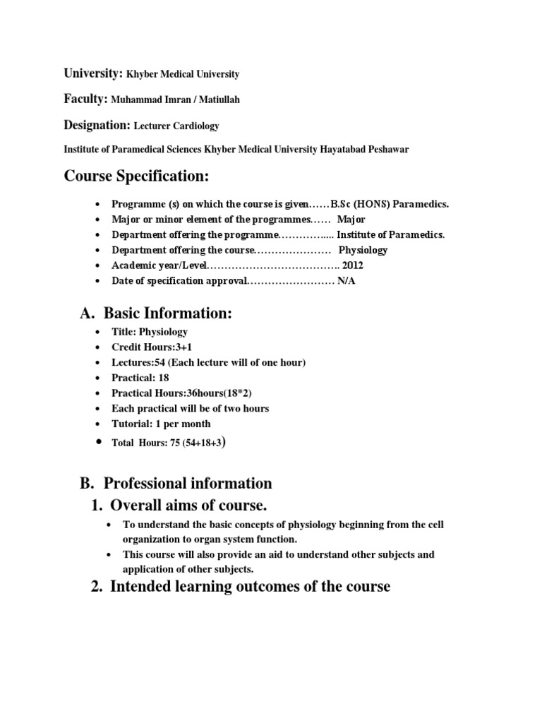 Course Specification Physiology-1st Sem | PDF | Physiology | Lecture