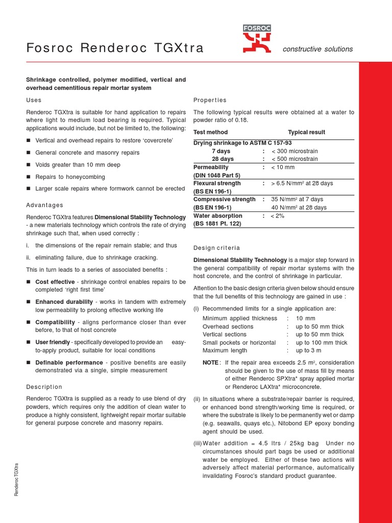 Fosroc Renderoc Tgxtra: Constructive Solutions | PDF | Mortar (Masonry ...