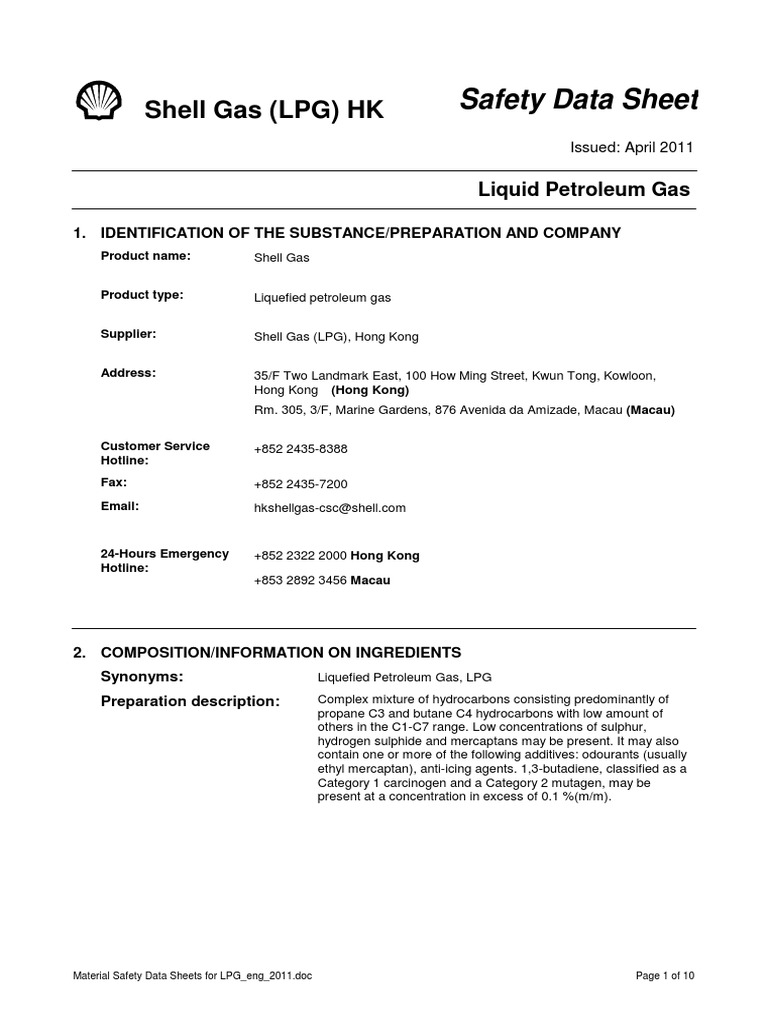 Shell Gas (LPG) HK: Safety Data Sheet | PDF | Liquefied Petroleum Gas | Combustion
