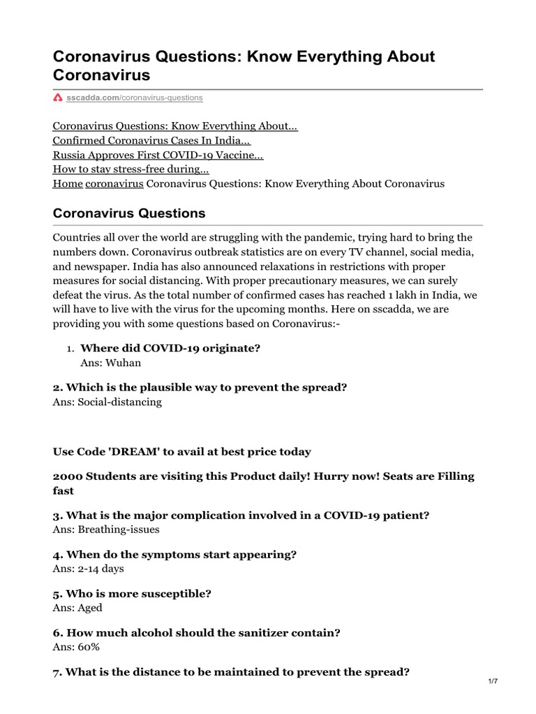 Coronavirus Questions Know Everything About Coronavirus | PDF ...
