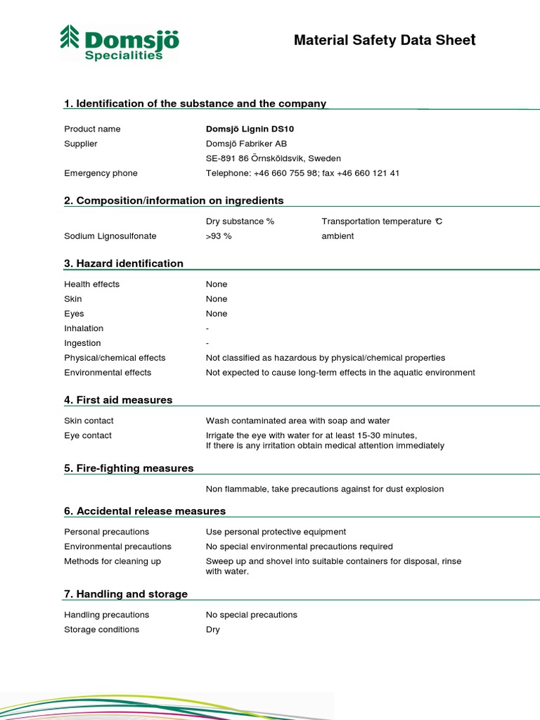 MSDS - Domsjö Lignin DS10 | PDF | Water | Chemistry