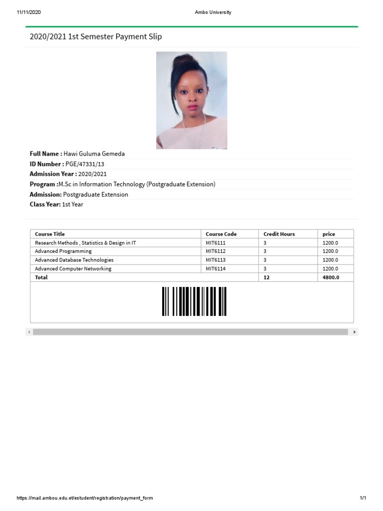 2020/2021 1st Semester Payment Slip: Course Title Course Code Credit ...