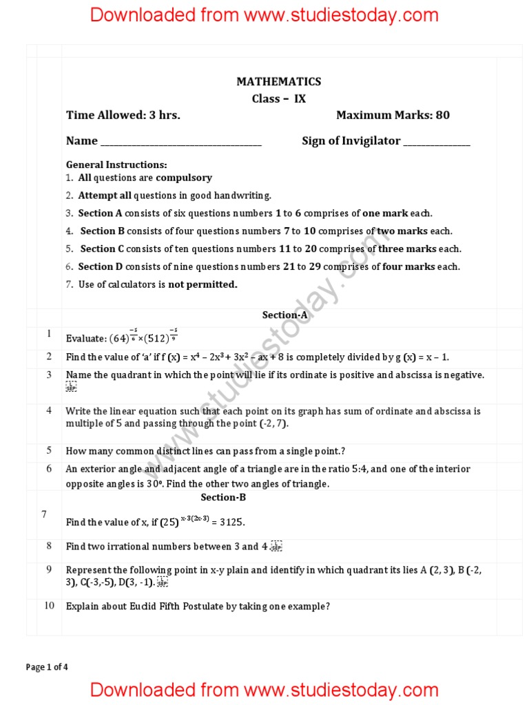 CBSE Class 9 Mathematics Question Paper Set C PDF | PDF | Euclidean ...