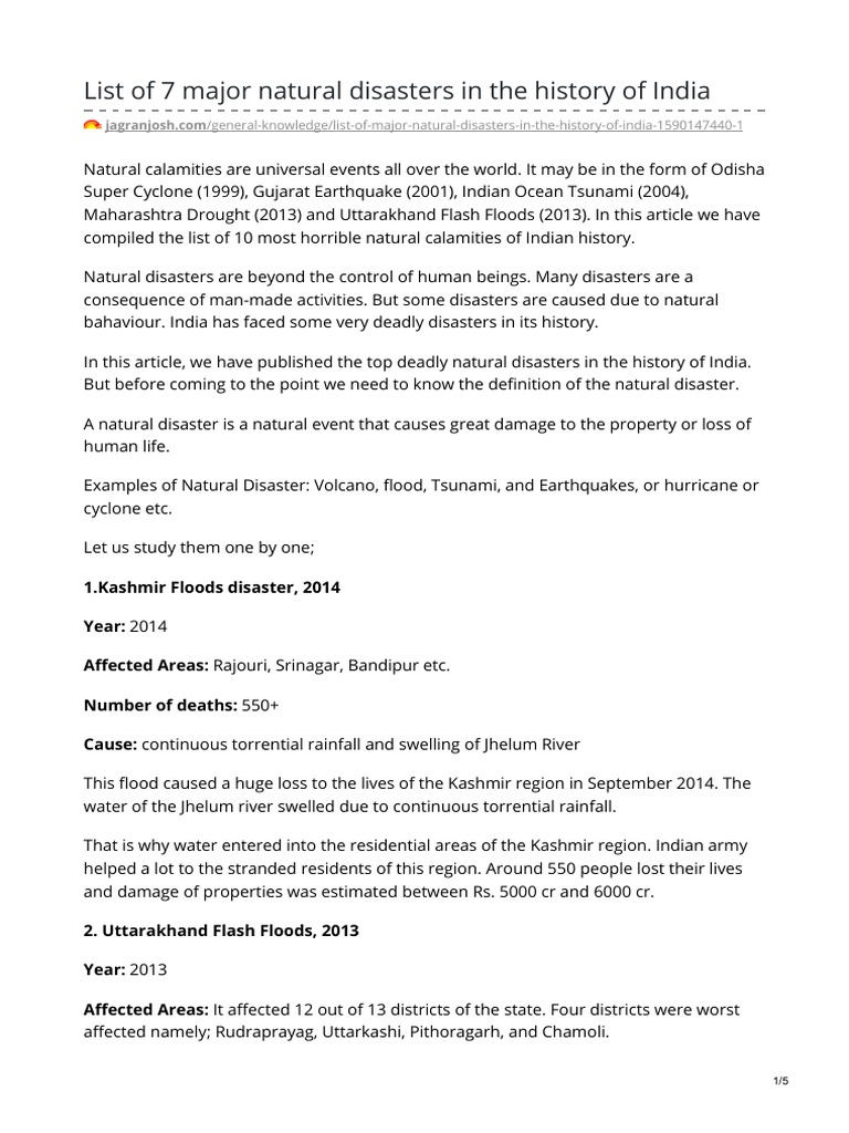 List of 7 Major Natural Disasters in The History of India | PDF ...