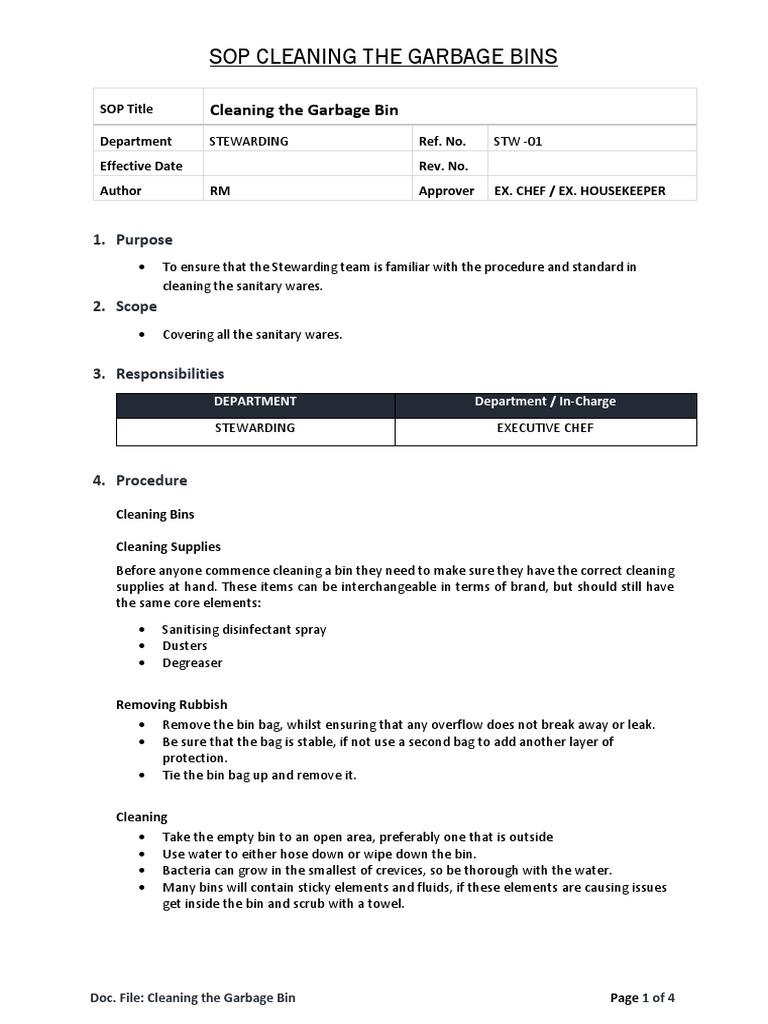 SOP STEWARDING STAFF CAFETARIA - Cleaning The Garbage Bins | PDF ...