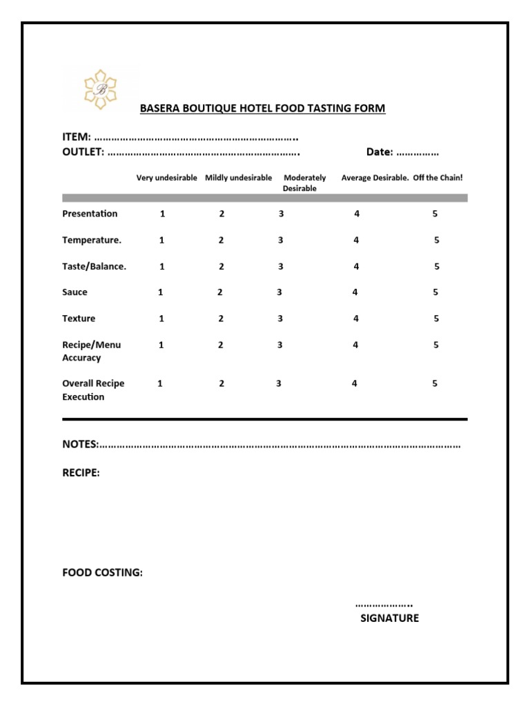 Basera Boutique Hotel Food Tasting Form ITEM: .. OUTLET: . Date | PDF