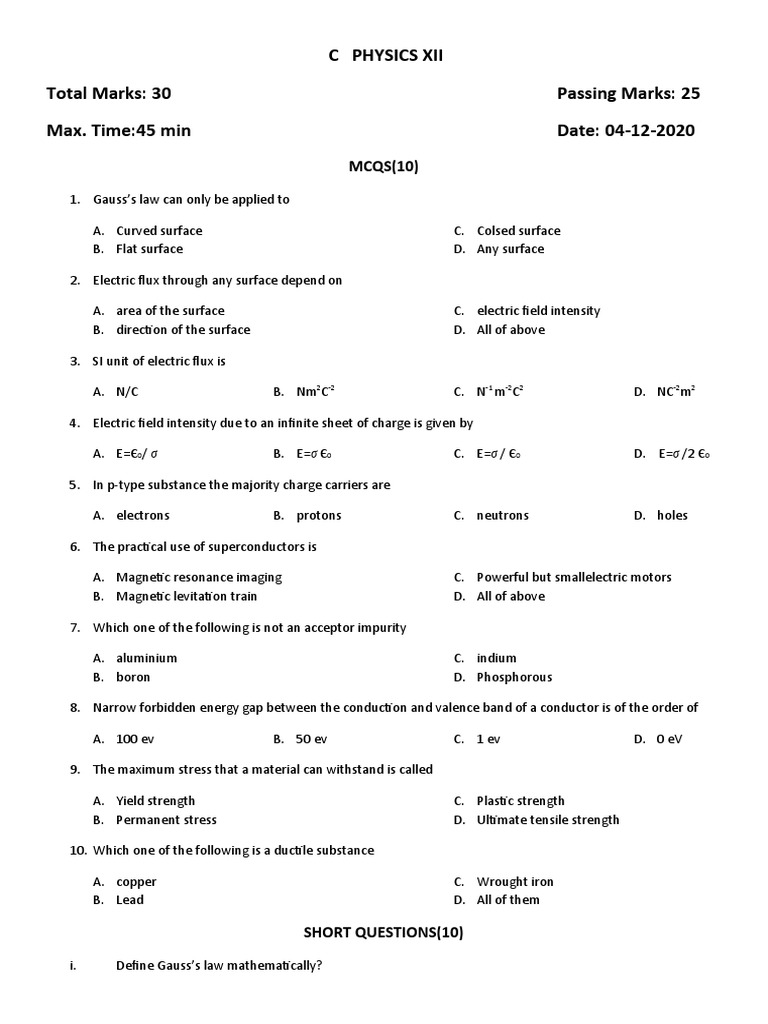 C Physics Xii Total Marks: 30 Passing Marks: 25 Max. Time:45 Min Date ...