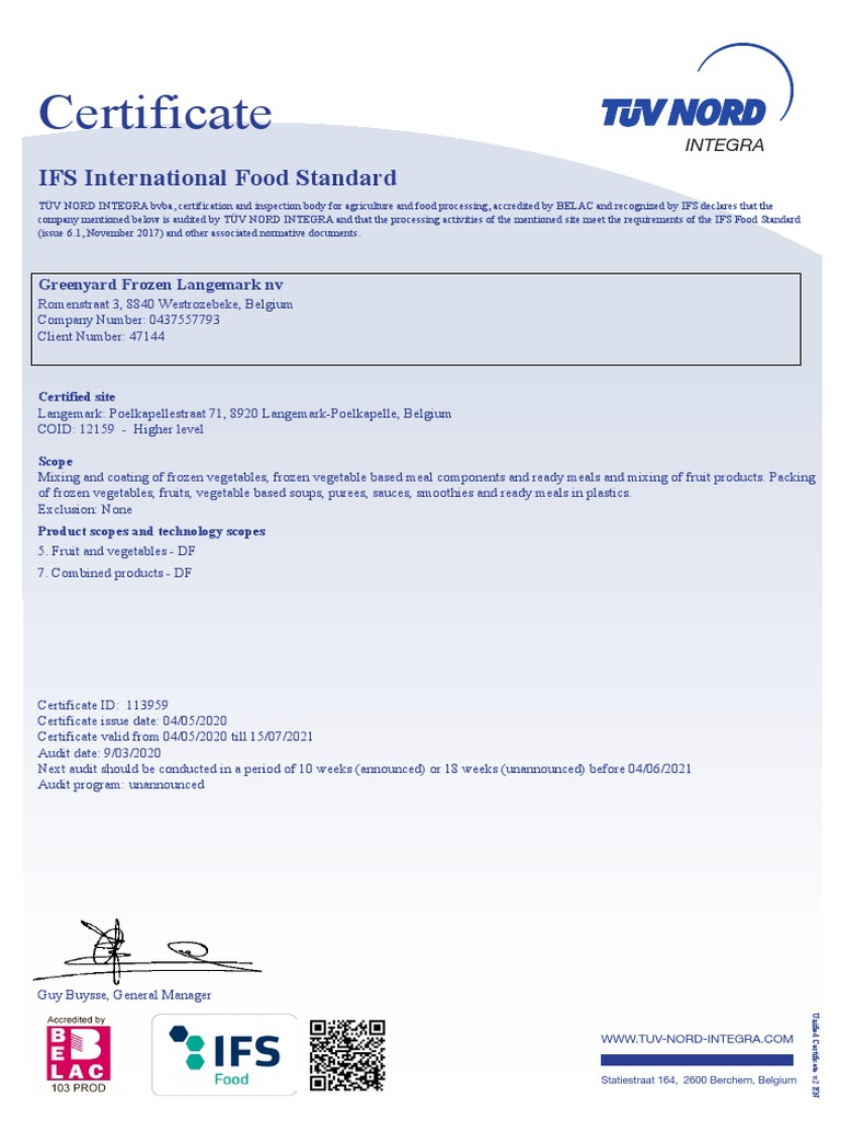 Certificate: IFS International Food Standard | PDF