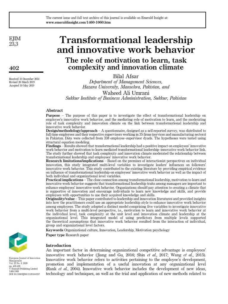 Transformational Leadership and Innovative Work Behavior | PDF | Transformational Leadership ...