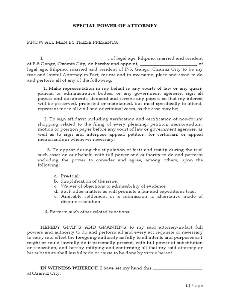 Special Power of Attorney: IN WITNESS WHEREOF, I Have Set My Hand This ...