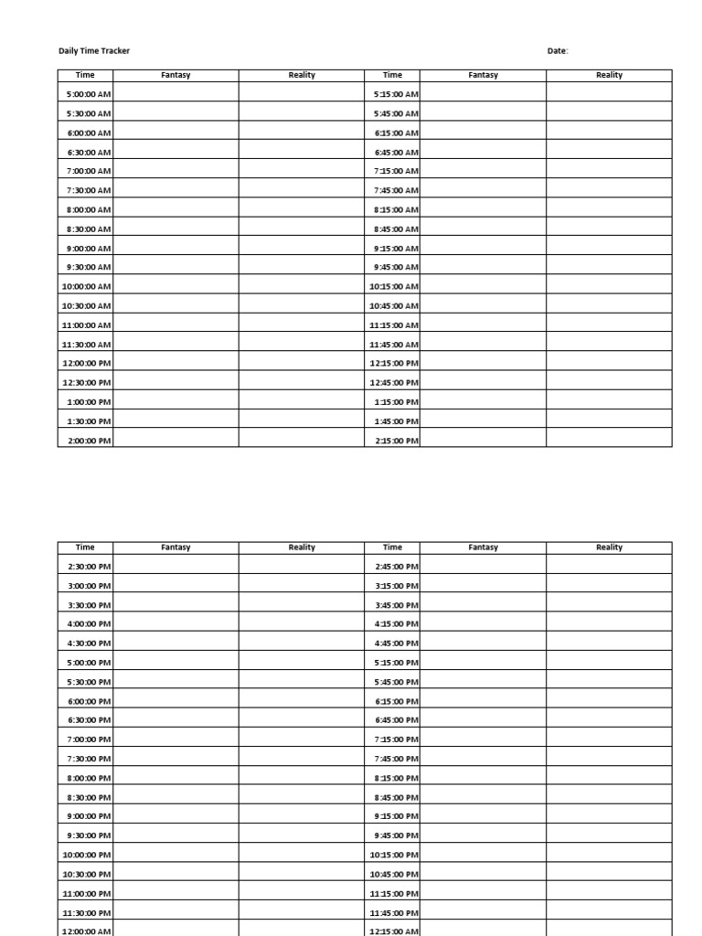 Daily Time Tracker Date: Time Fantasy Reality Time Fantasy Reality | PDF