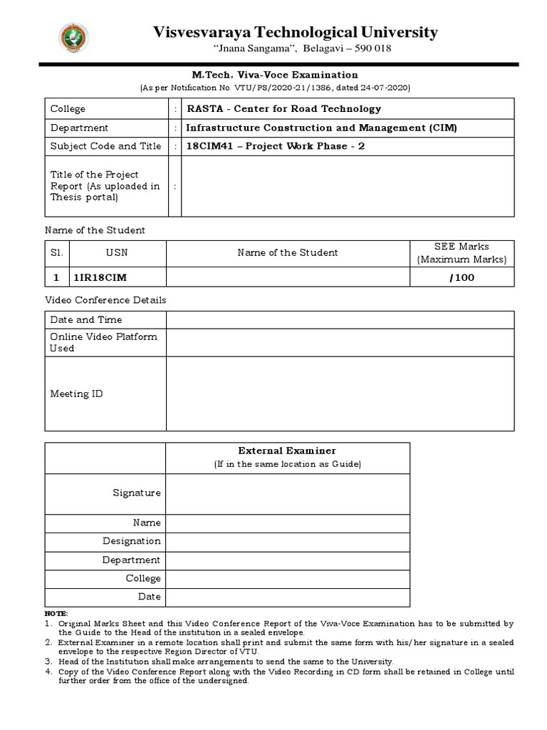 VTU - Online PG Viva Voce Exam - VC Report & MS - External - Master ...