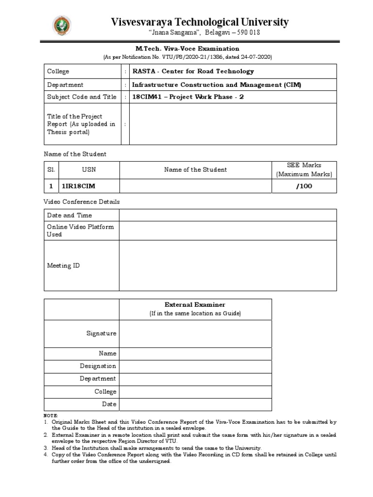 VTU - Online PG Viva Voce Exam - VC Report & MS - External - Master - Form | PDF | Technology ...