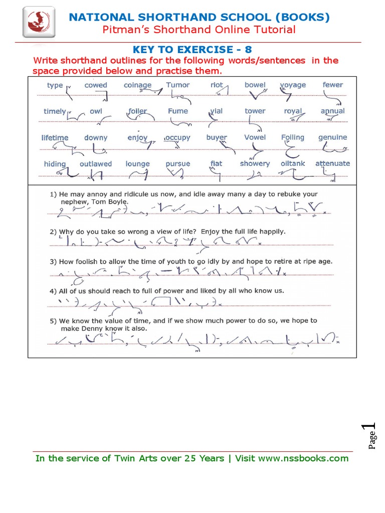 Pitman's Shorthand Online Tutorial: Key To Exercise - 8 | PDF